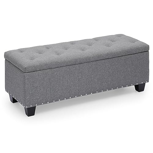 MoNiBloom 42 Inch Long Storage Ottoman for Bedroom, Contemporary Grey Linen Tufted Bench Footrest Foot Stool Upholstered Rectangular Ottoman with 40L Inner Space, 660 Lbs Capacity