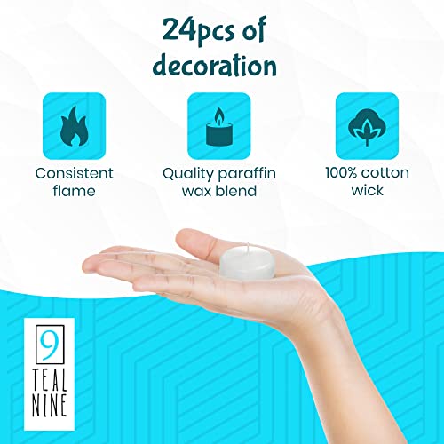 Premium 24 Piece 2 inch Unscented White Dripless Wax Burning Floating Candles Centerpieces, 4+ Hour Burn, Round Tealight Shaped Disks for Wedding, Parties, Special Occasions, Home Decoration TeaL NiNE