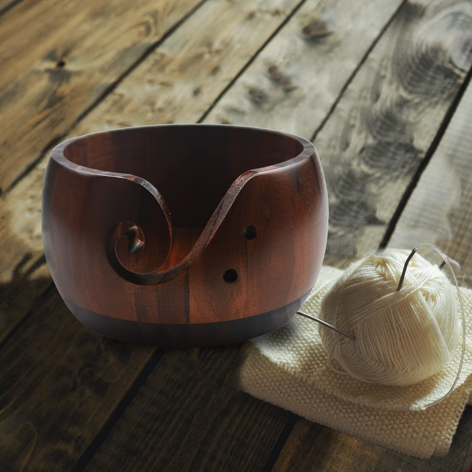 Joyeee Handmade Yarn Bowl, 6.3'' Crafted Wooden Yarn Storage Bowl with Lid Crocheting Knitting Bowl Yarn Holder Gift for Knitting Crochet Enthusiasts
