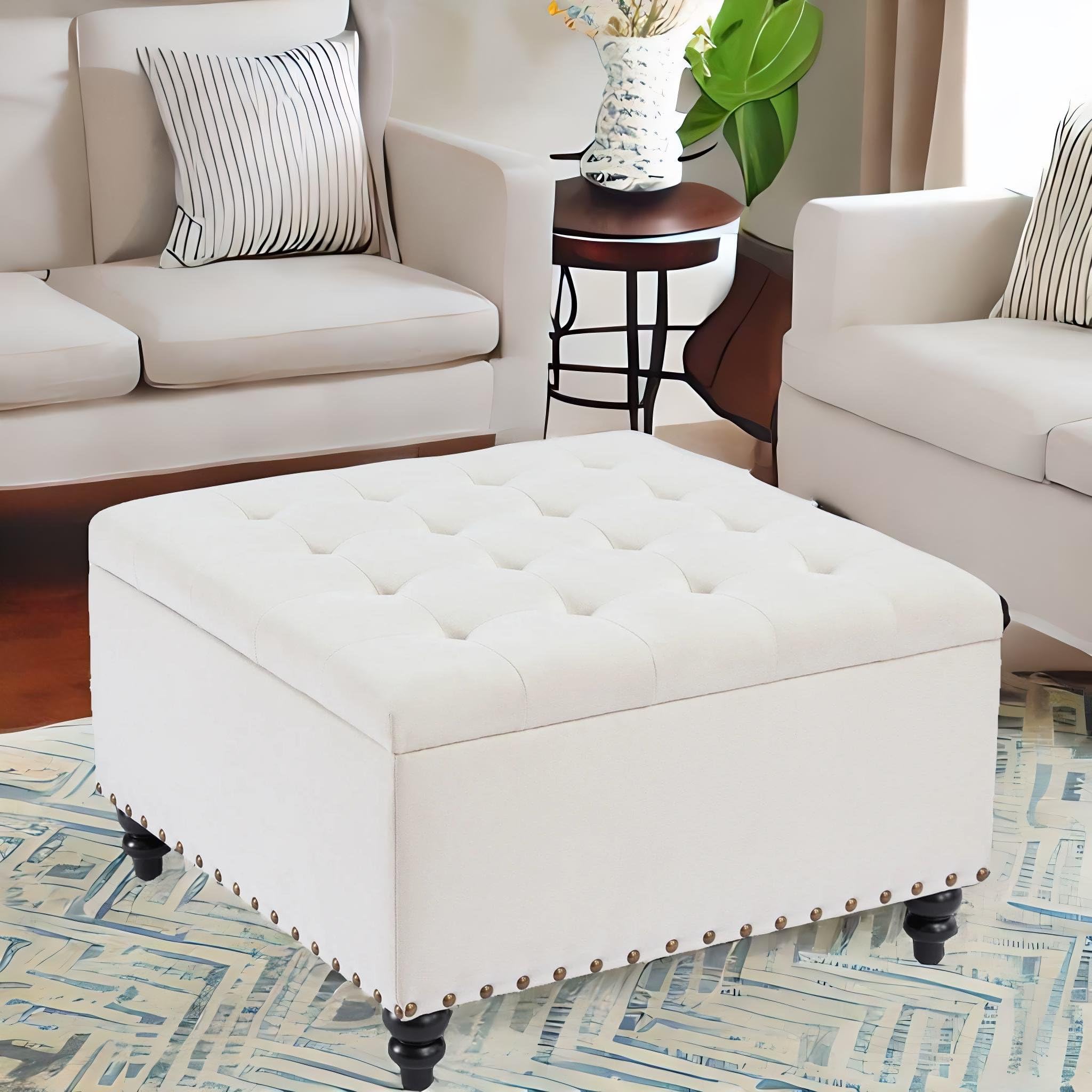 HUIMO Square Storage Ottoman,Ottoman Coffee Table with Storage,Oversized Ottoman,Tufted Storage Ottoman for Living Room (Beige)