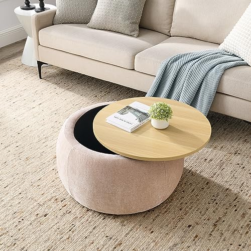 Kakotito Modern Round Storage Ottoman with Wooden Lid,Circle Ottoman Handmade Ottoman Coffee Table,End Table & Footstool for Living Room (Pink)
