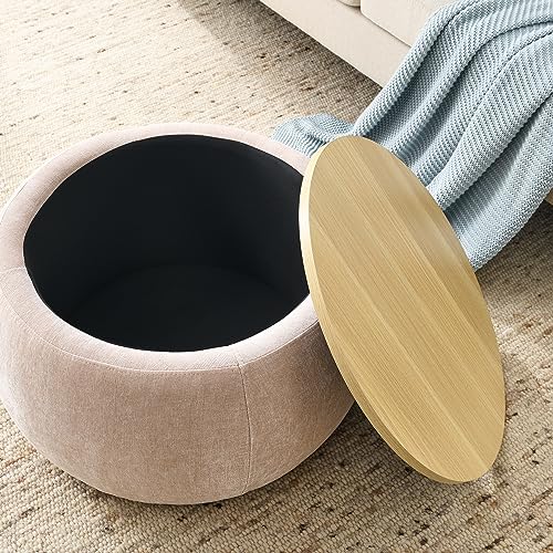 Kakotito Modern Round Storage Ottoman with Wooden Lid,Circle Ottoman Handmade Ottoman Coffee Table,End Table & Footstool for Living Room (Pink)