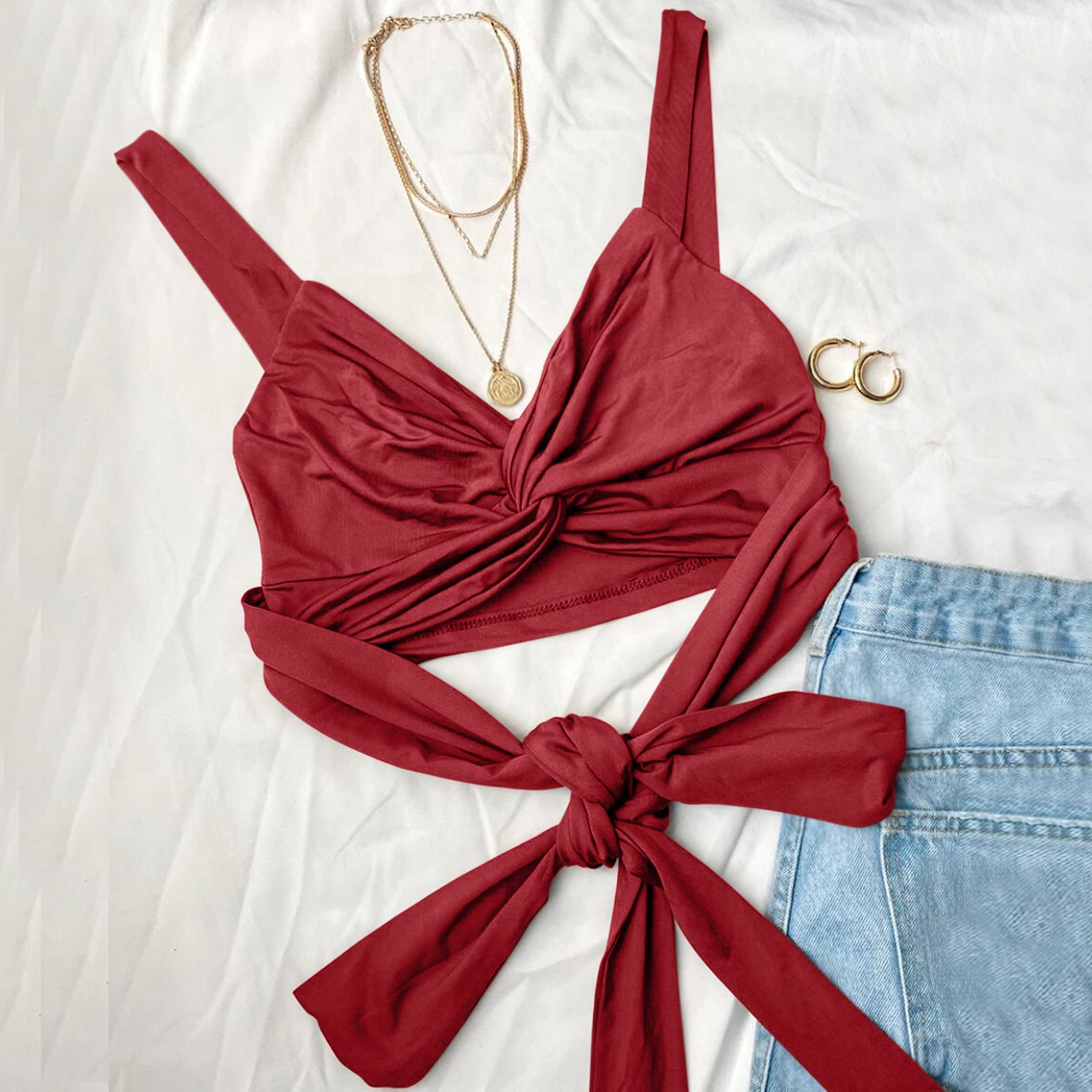 Aniywn Women's Sexy Deep V-Neck Cut Out Crisscross Tie Back Crop Tank Top Tight Sleeveless Racerback Tank Crop Tops Red