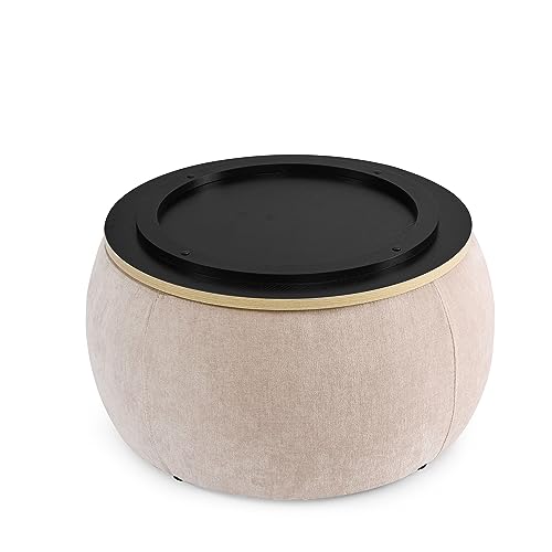 Kakotito Modern Round Storage Ottoman with Wooden Lid,Circle Ottoman Handmade Ottoman Coffee Table,End Table & Footstool for Living Room (Pink)