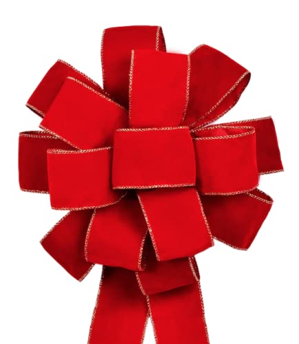 3pcs Red Velvet Ribbon Christmas Bows with Gold Wire, Handmade(26”x 12”) Large Ribbon Bows, Thanksgiving / Christmas Tree Topper, Garland/ Wreath Bow, Tree Topper, Wired Red Christmas Bows