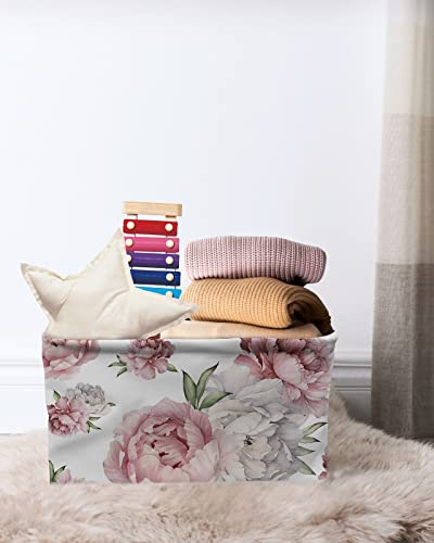 Spring Floral Storage Bins 2 Pack, Large Waterproof Storage Baskets for Shelves Closet, Farmhouse Pink Summer Flowers White Storage Basket Foldable Storage Box Cube Storage Organizer with Handles