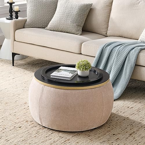 Kakotito Modern Round Storage Ottoman with Wooden Lid,Circle Ottoman Handmade Ottoman Coffee Table,End Table & Footstool for Living Room (Pink)