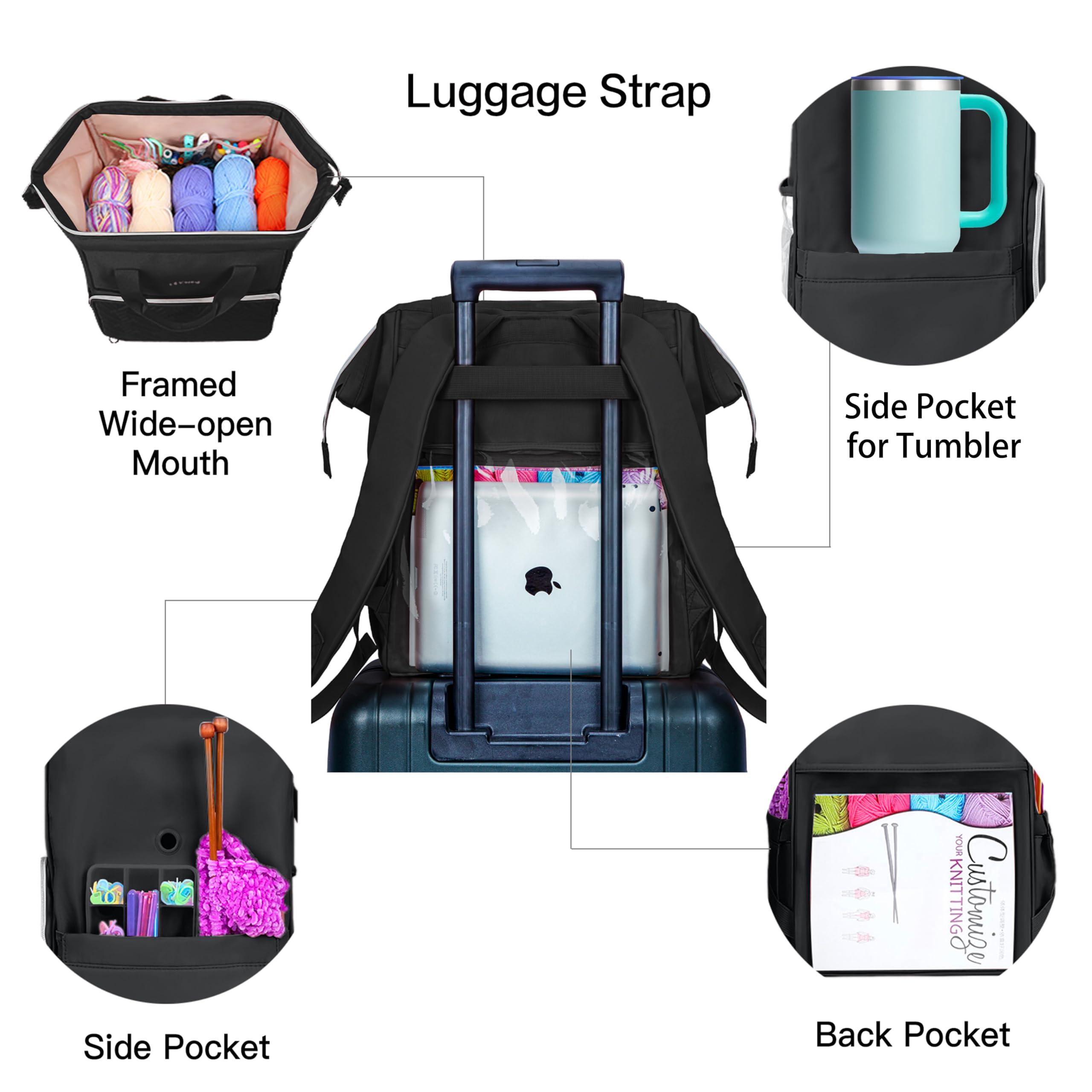Knitting Bag Backpack,Leudes Yarn Storage Organizer Large Crochet Bag Tote Christmas Gift Yarn Holder Case for Carrying Projects, Knitting Needles, Crochet Hooks and Other Accessories (Black)