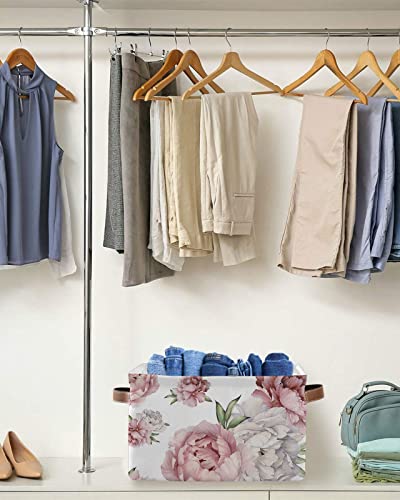 Spring Floral Storage Bins 2 Pack, Large Waterproof Storage Baskets for Shelves Closet, Farmhouse Pink Summer Flowers White Storage Basket Foldable Storage Box Cube Storage Organizer with Handles