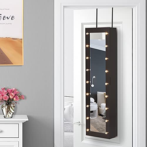 HOMCOM Jewelry Armoire with Mirror and 18 LED Lights, Wall-Mounted/Over-The-Door Cabinet with 3 Mountable Heights, Dark Walnut