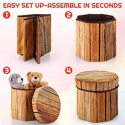 Amylove 3 Pack Tree Stump Storage Stool 12 x 12 Inch Stool Ottoman, Cute Folding Storage Toy Box with Foam Cushion, Collapsible Seat Chest (Novel)