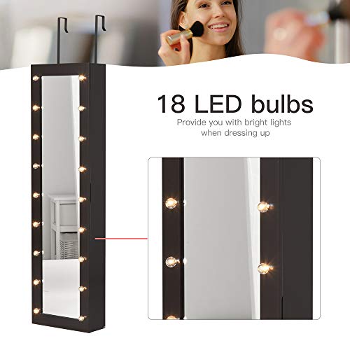 HOMCOM Jewelry Armoire with Mirror and 18 LED Lights, Wall-Mounted/Over-The-Door Cabinet with 3 Mountable Heights, Dark Walnut