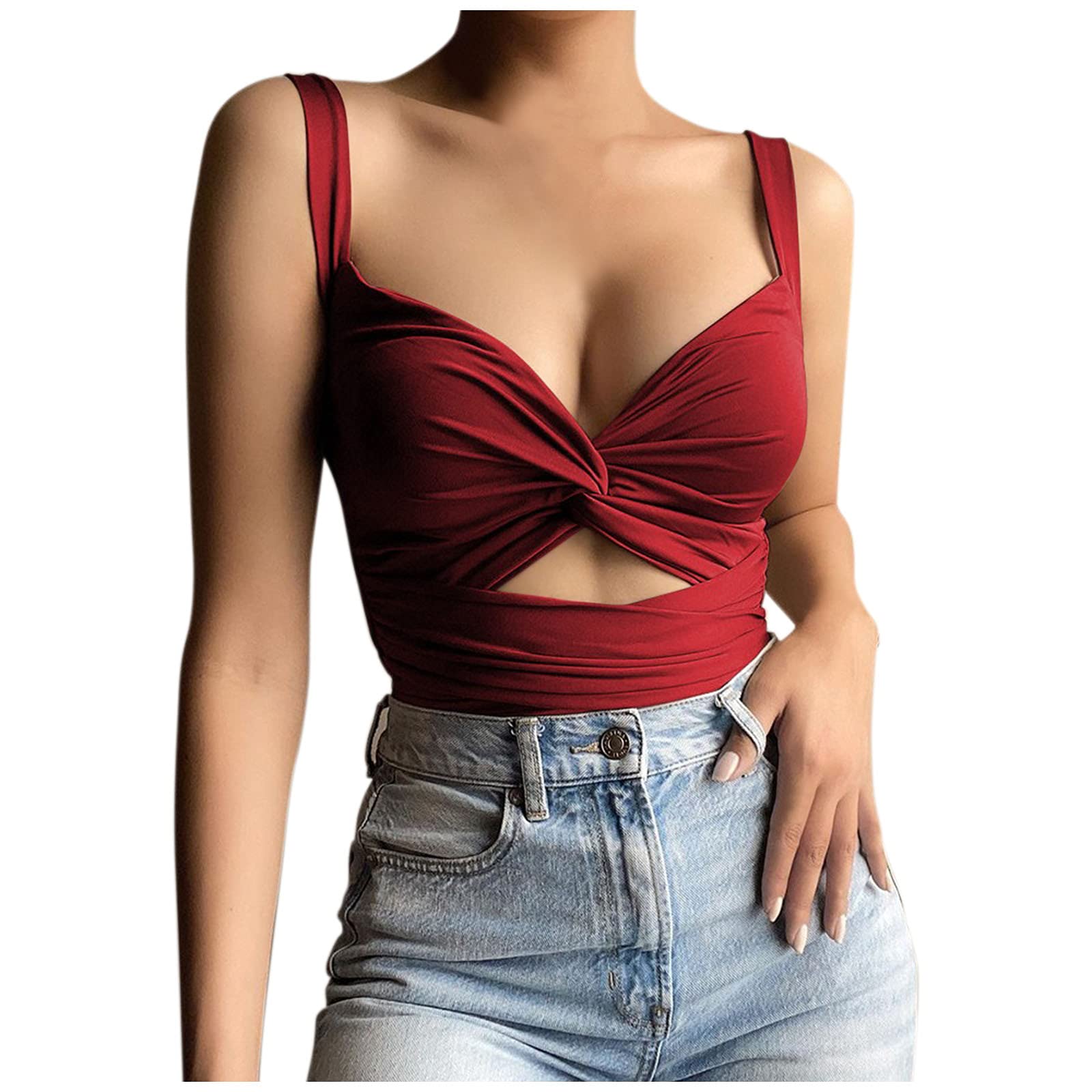 Aniywn Women's Sexy Deep V-Neck Cut Out Crisscross Tie Back Crop Tank Top Tight Sleeveless Racerback Tank Crop Tops Red