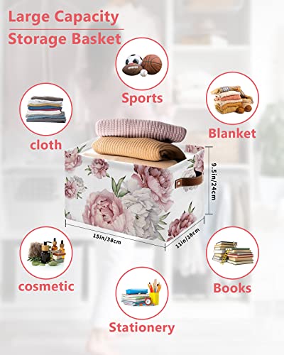 Spring Floral Storage Bins 2 Pack, Large Waterproof Storage Baskets for Shelves Closet, Farmhouse Pink Summer Flowers White Storage Basket Foldable Storage Box Cube Storage Organizer with Handles