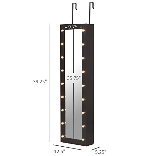 HOMCOM Jewelry Armoire with Mirror and 18 LED Lights, Wall-Mounted/Over-The-Door Cabinet with 3 Mountable Heights, Dark Walnut