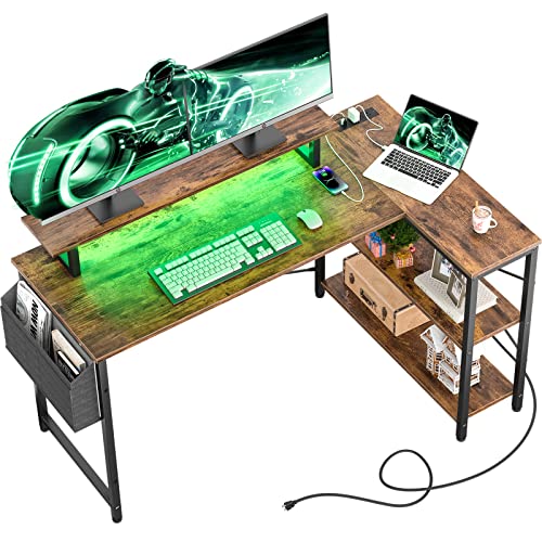 Homieasy L Shaped Computer Desk with LED Strip & Power Strip, 55 Inch Corner Desk with Monitor Stand Reversible Storage Shelves, Modern Simple Home Office Gaming Desk with Storage Bag(Rustic Brown)