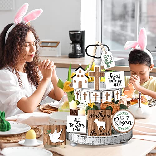 15 Pcs Easter Tiered Tray Decor Set, Table Top Decor Farmhouse Wooden Block Signs Wood Cross Decor with LED String Lights for Easter Home Kitchen Decorations
