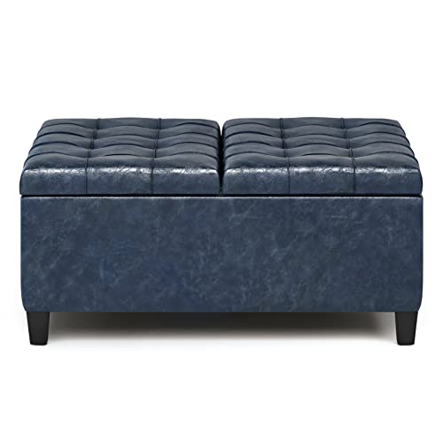 SIMPLIHOME Harrison 36 inch Wide Transitional Square Coffee Table Storage Ottoman in Denim Blue Vegan Faux Leather, Assembled, For the Living Room and Bedroom