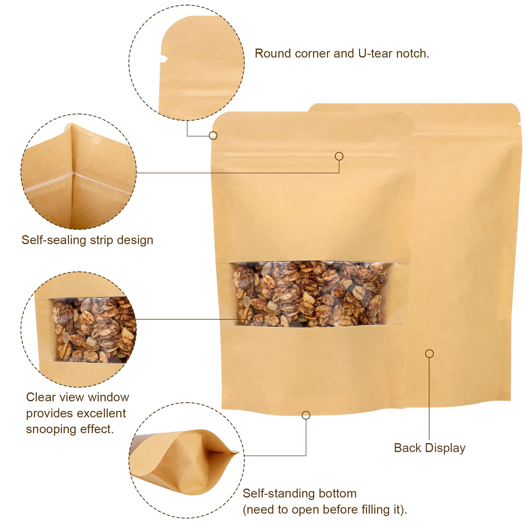 Blisstime 50 Pack Kraft Stand Up Zip Lock Pouch Bags, Resealable Bag with Transparent Window and Tear Notch for Multipurpose Storage (4 X 6 Inches)