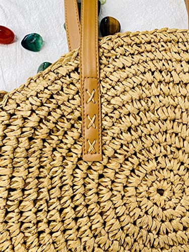 Seamido Straw Bag Handwoven Beach Bags Corn Straw Tote Woven Shoulder Bag For Women (Khaki)