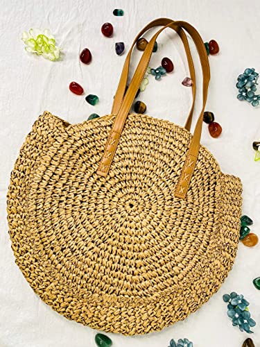 Seamido Straw Bag Handwoven Beach Bags Corn Straw Tote Woven Shoulder Bag For Women (Khaki)