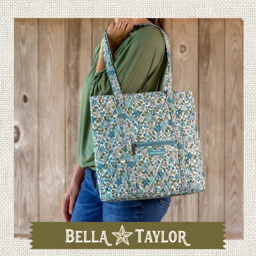 Bella Taylor Country Floral Feedsack Collection, Quilted Cotton Large Shoulder Tote Bag with Zipper for Women, Delicate Floral Blue