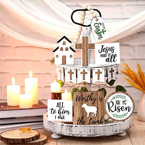 15 Pcs Easter Tiered Tray Decor Set, Table Top Decor Farmhouse Wooden Block Signs Wood Cross Decor with LED String Lights for Easter Home Kitchen Decorations