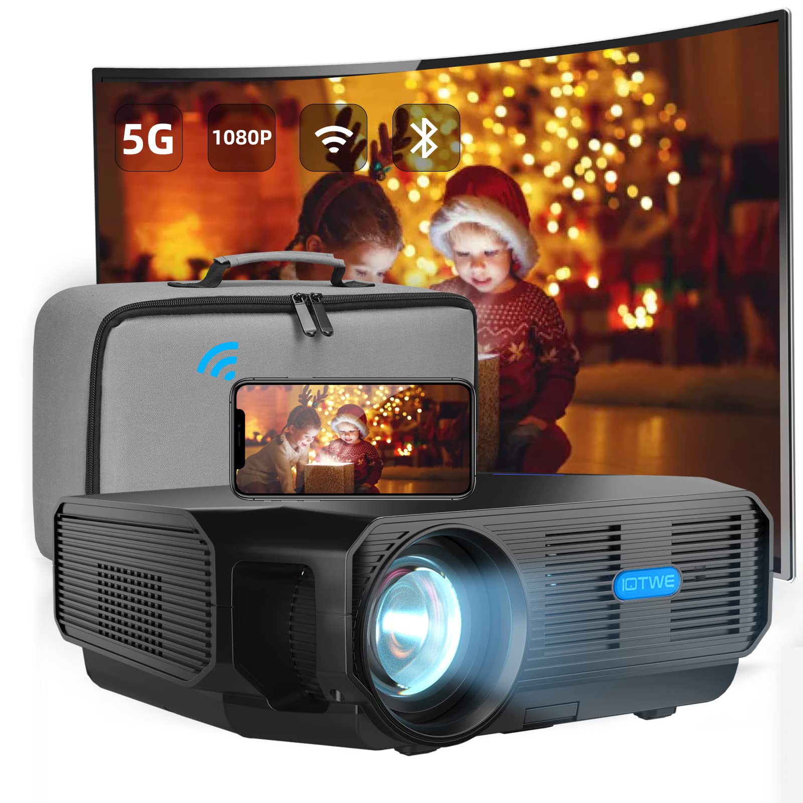 Native 1080p HD Projector, WiFi Bluetooth Projector, 5G WiFi Projector Portable Home Theater Video Projector Compatible w/ HDMI, VGA, USB, iOS&Android Smartphone