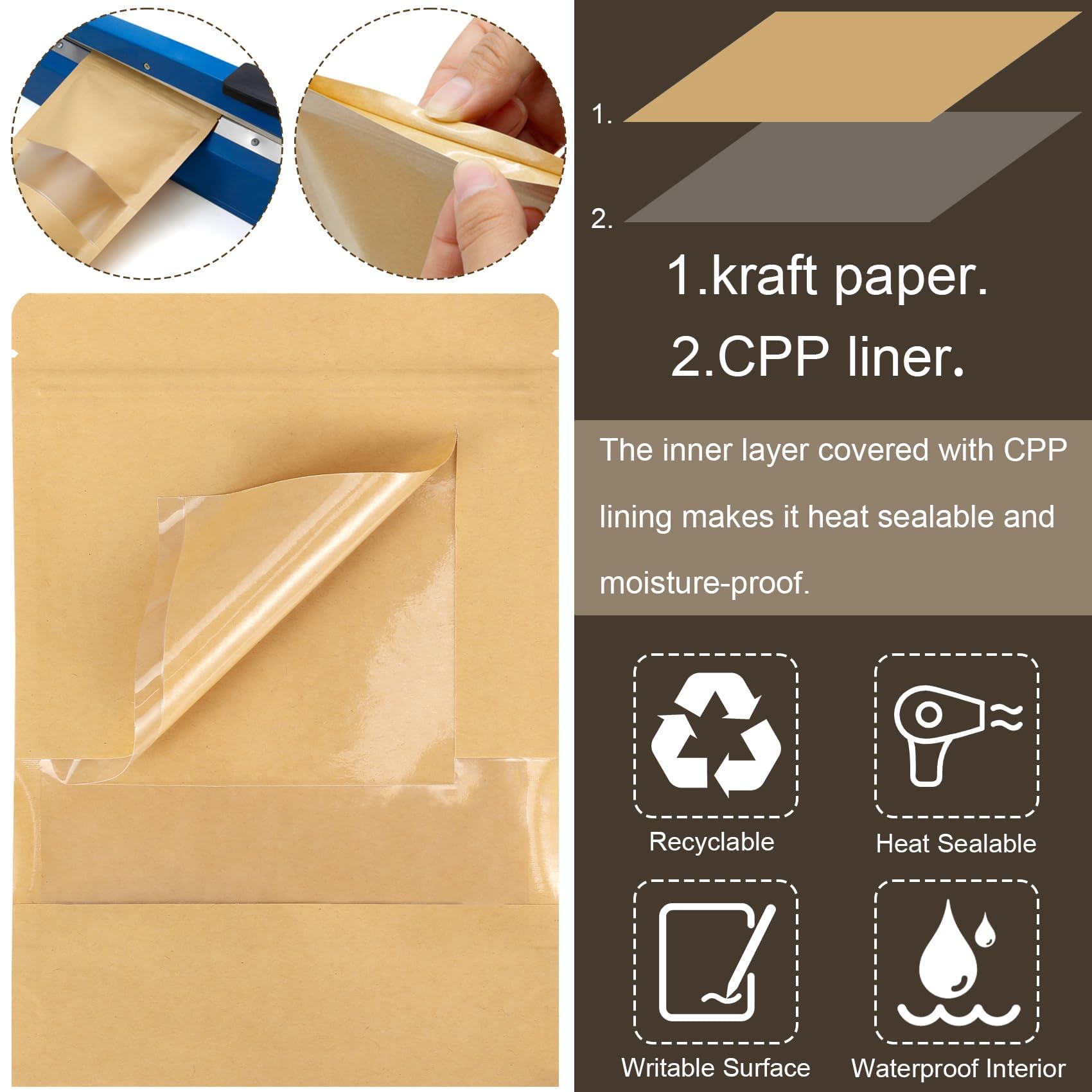 Blisstime 50 Pack Kraft Stand Up Zip Lock Pouch Bags, Resealable Bag with Transparent Window and Tear Notch for Multipurpose Storage (4 X 6 Inches)