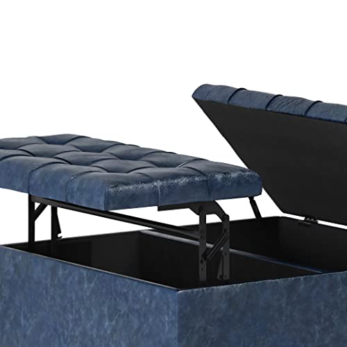 SIMPLIHOME Harrison 36 inch Wide Transitional Square Coffee Table Storage Ottoman in Denim Blue Vegan Faux Leather, Assembled, For the Living Room and Bedroom