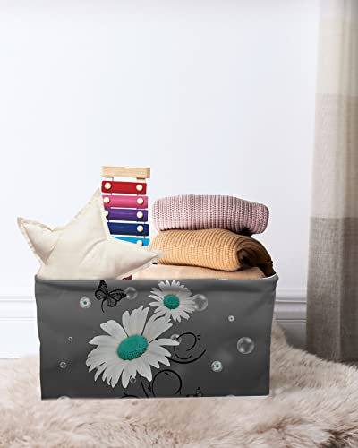 Teal White Daisy Storage Bins 2 Pack, Large Waterproof Storage Baskets for Shelves Closet, Rustic Bubble Abstract Art Gray Storage Basket Foldable Storage Box Cube Storage Organizer with Handles