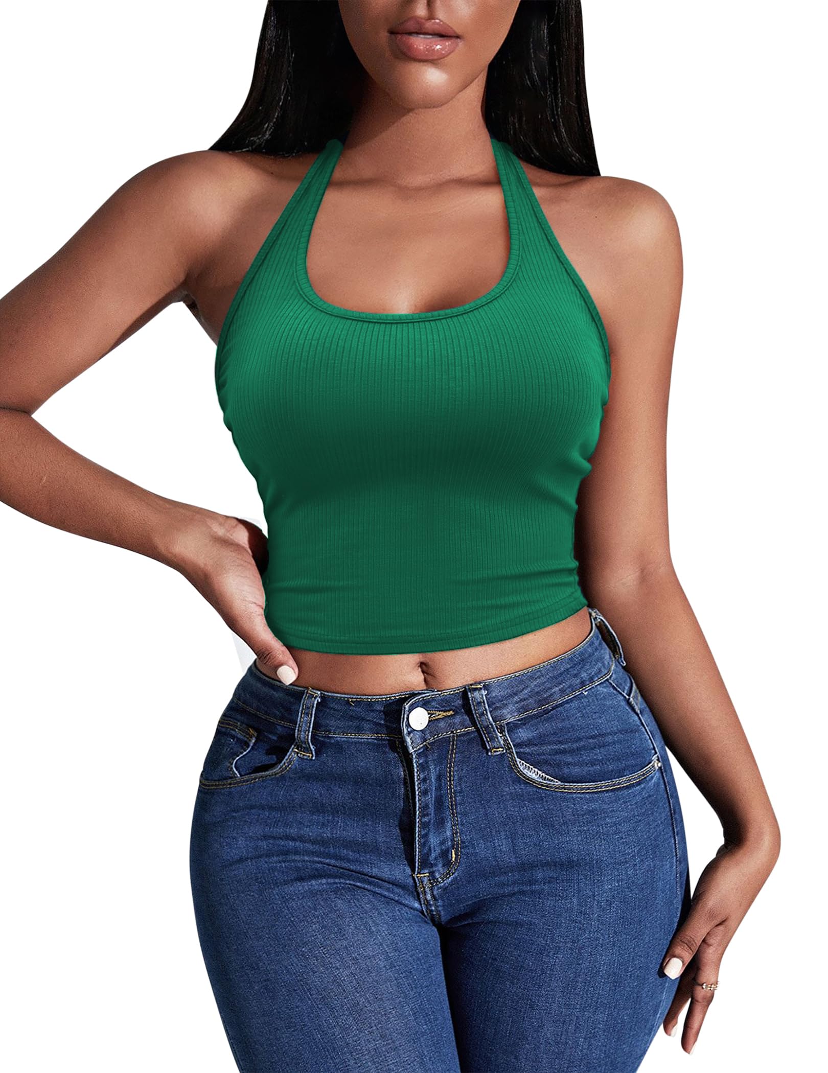 Ekouaer Women Halter Top Backless Scroop Neck Slim Stretchy Ribbed Knit Camisole Crop Tops(Green,S)