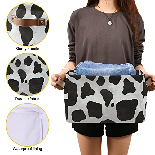 Foldable Storage Basket Cow Pattern Fabric Collapsible Organizer Basket with PU Handles, Decorative Baskets for Shelves Home Closet Bedroom Living Room - 1 Pack