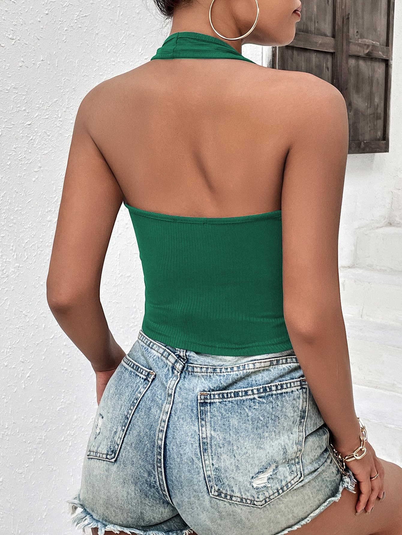 Ekouaer Women Halter Top Backless Scroop Neck Slim Stretchy Ribbed Knit Camisole Crop Tops(Green,S)