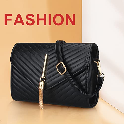 Black Leather Quilted Flap Crossbody Bag for Women - Perfect for Everyday Use, Best Cross body Purse Designer Shoulder Bag with Tassel