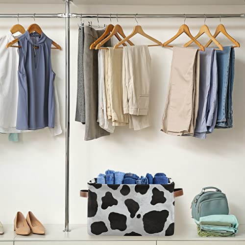 Foldable Storage Basket Cow Pattern Fabric Collapsible Organizer Basket with PU Handles, Decorative Baskets for Shelves Home Closet Bedroom Living Room - 1 Pack