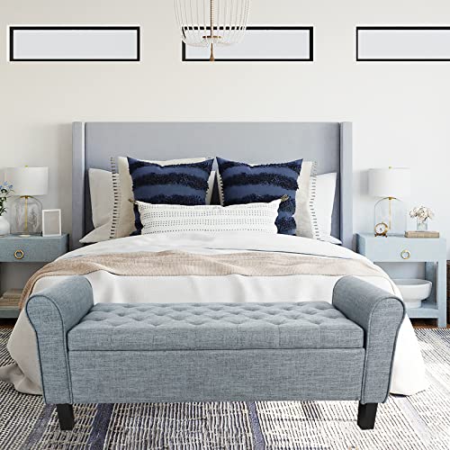Babion Storage Bench for Bedroom End of Bed,Linen Ottoman Bench with Storage and Arms,Upholstered Fabric Storage Bench with Button Tufted,Large Storage Bench for Bedroom, Bench Linen Dark Gray