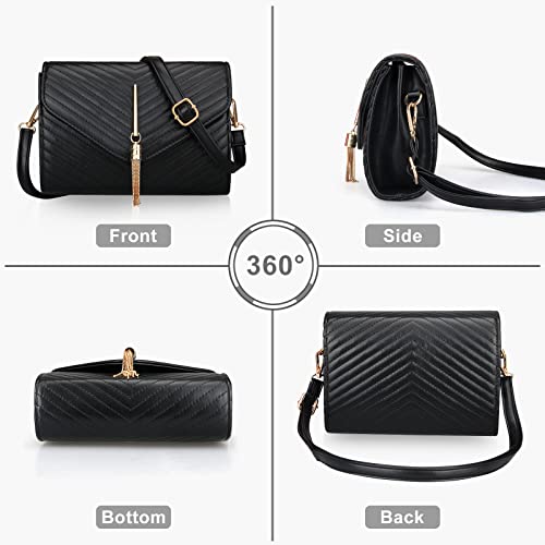 Black Leather Quilted Flap Crossbody Bag for Women - Perfect for Everyday Use, Best Cross body Purse Designer Shoulder Bag with Tassel