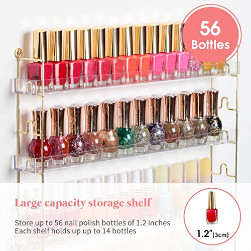 J JACKCUBE DESIGN 4 Tier Gold Nail Polish Organizer Ledge Shelf Rack, Wall Mounted Floating Storage Display Shelves for 56 Bottles Organizer Nail Polish Makeup Essential Oil Stand- MK488B