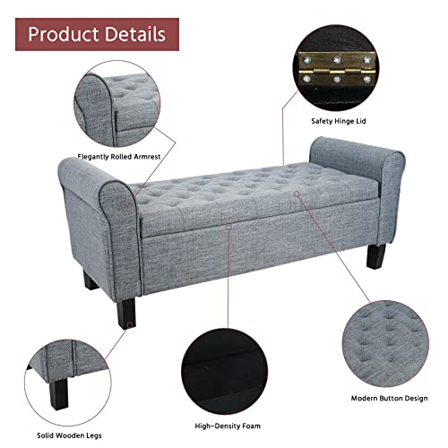 Babion Storage Bench for Bedroom End of Bed,Linen Ottoman Bench with Storage and Arms,Upholstered Fabric Storage Bench with Button Tufted,Large Storage Bench for Bedroom, Bench Linen Dark Gray