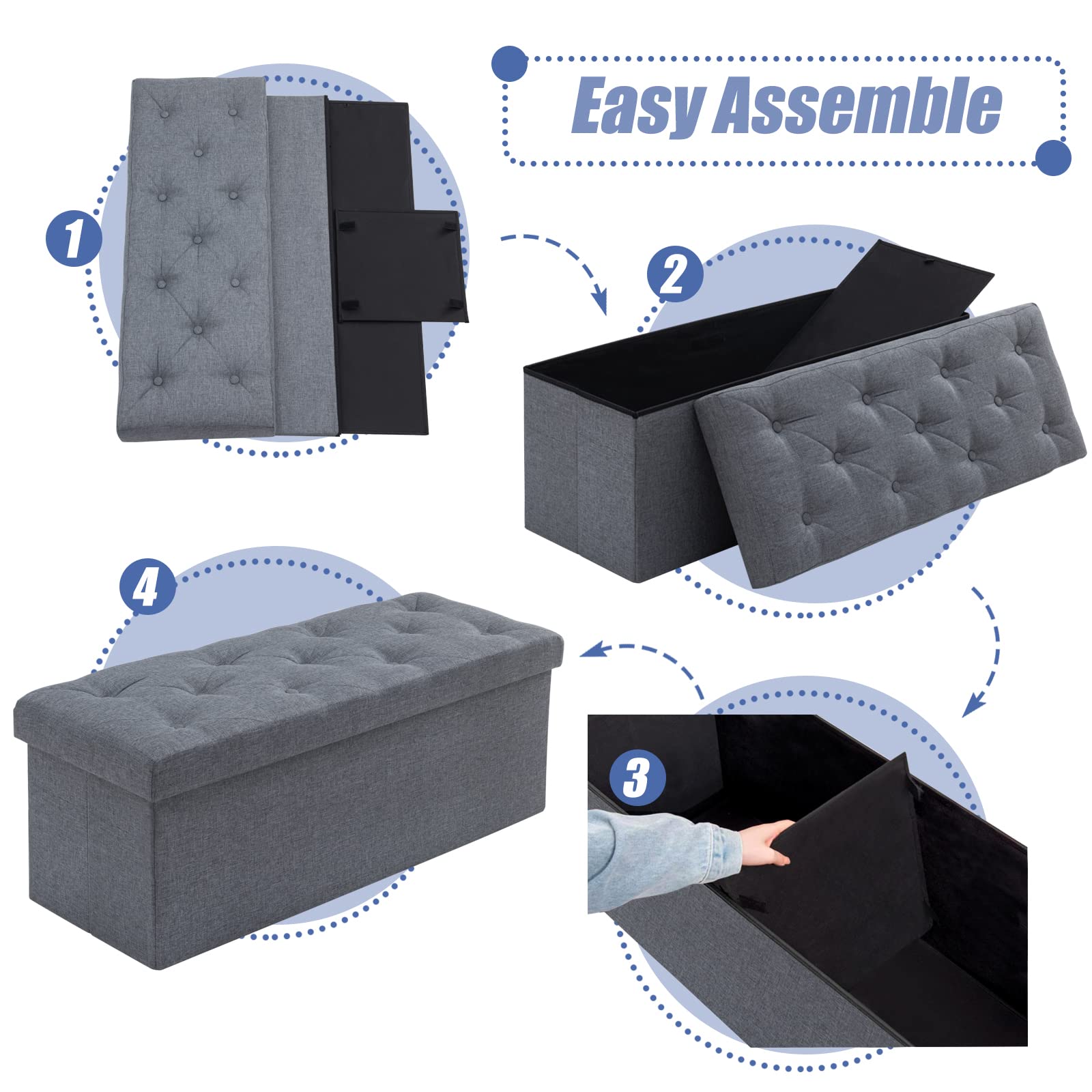 BRIAN & DANY 43 inch Ottoman with Storage, Linen Storage Ottoman Bench, Folding Ottoman Storage for Bedroom and Living Room - Gray