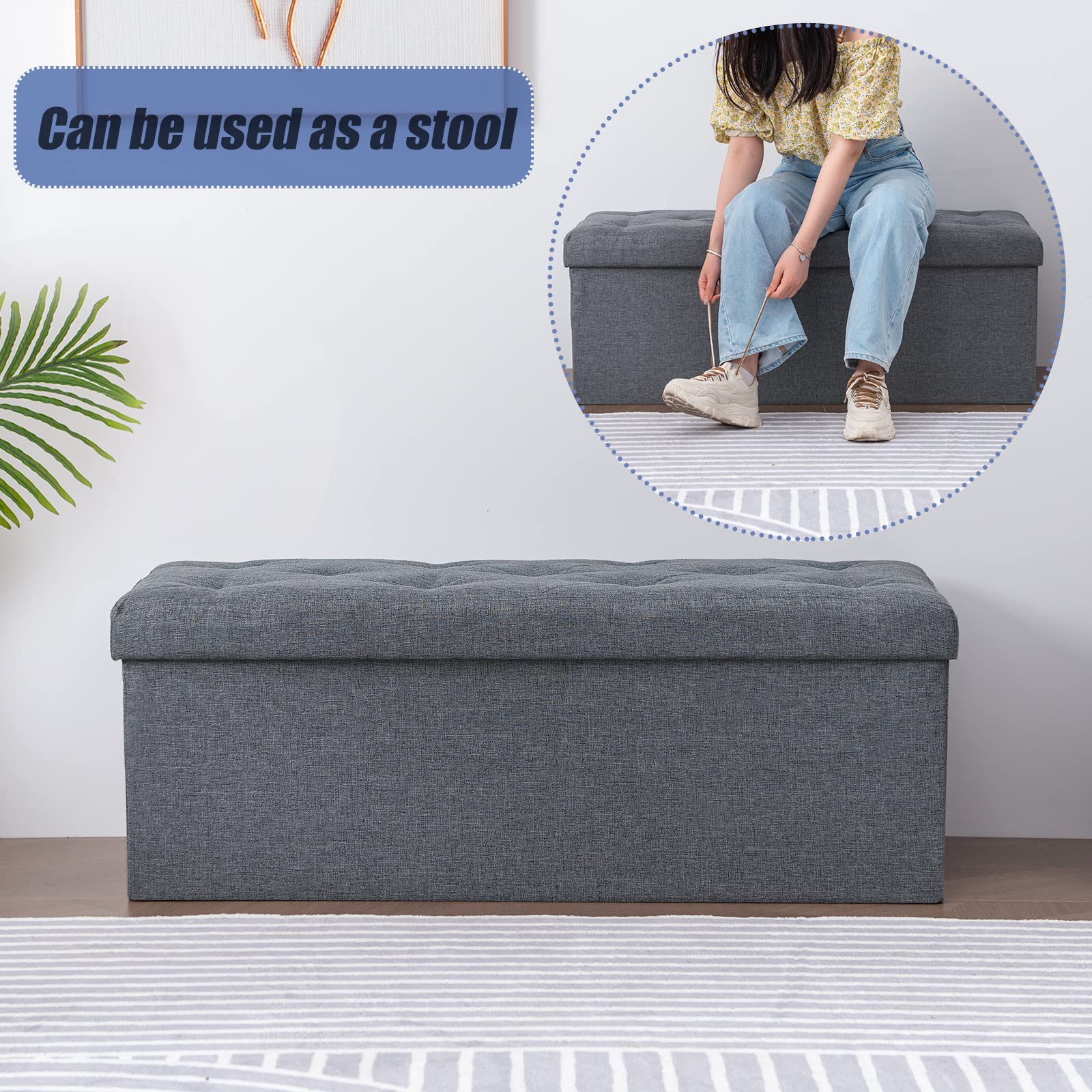BRIAN & DANY 43 inch Ottoman with Storage, Linen Storage Ottoman Bench, Folding Ottoman Storage for Bedroom and Living Room - Gray
