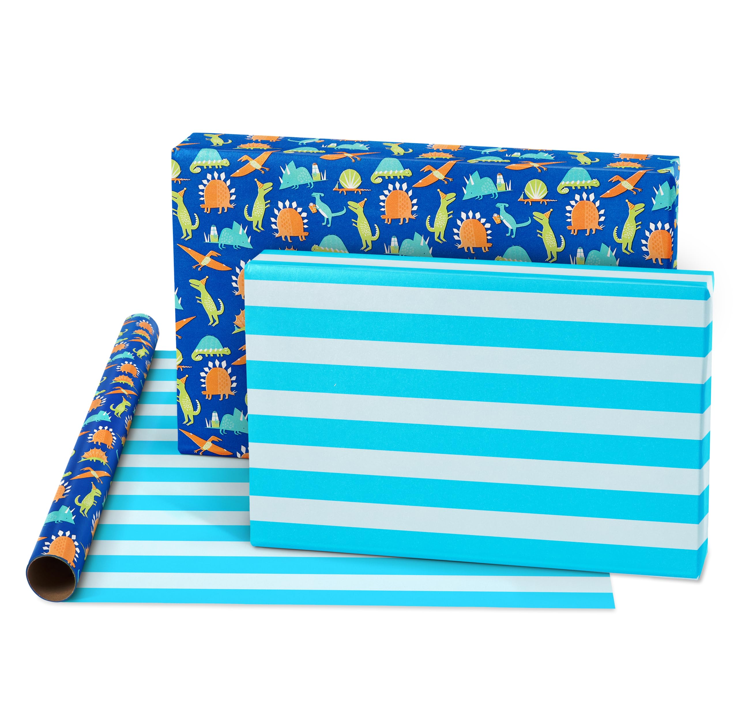 American Greetings Reversible Birthday Wrapping Paper for Kids, Dinosaurs and Unicorns (3 Rolls, 120 sq. ft)
