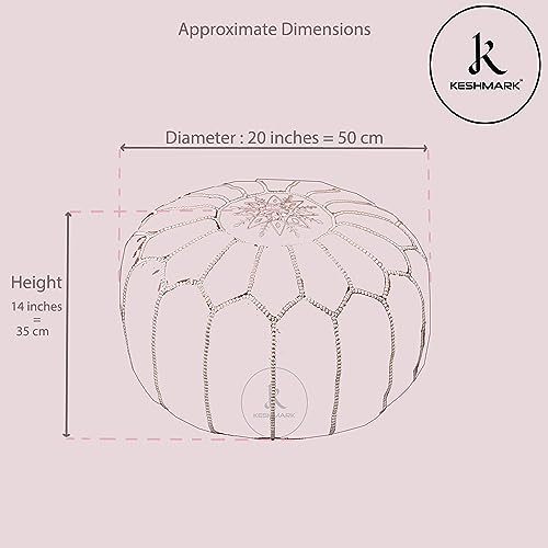 KESHMARK Luxury Handcrafted Moroccan Leather Pouf - Boho Chic Ottoman Seat & Footstool for Living Room Decor - Foot Rest - Round Ottoman (Light Tan with Brown Thread, Cover)
