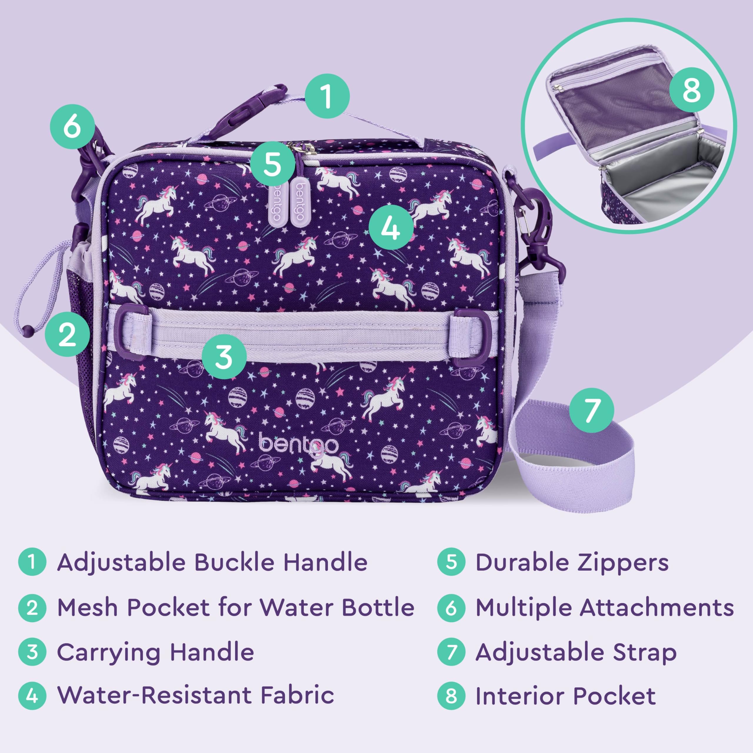 Bentgo® Kids Prints Lunch Bag - Double Insulated, Durable, Water-Resistant Fabric with Interior and Exterior Zippered Pockets and External Bottle Holder- Ideal for Children 3+ (Unicorn)
