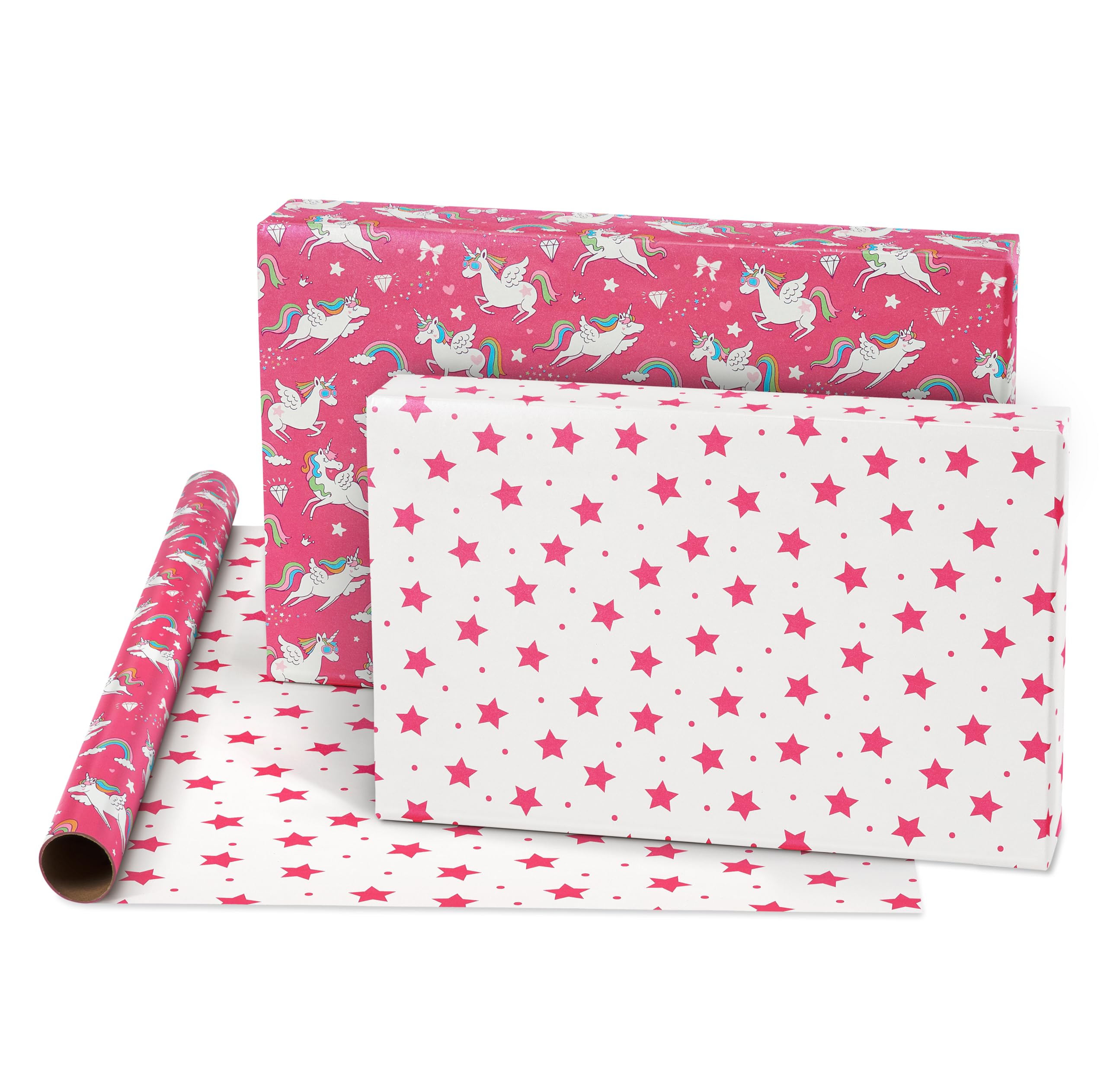 American Greetings Reversible Birthday Wrapping Paper for Kids, Dinosaurs and Unicorns (3 Rolls, 120 sq. ft)