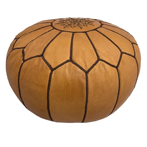 KESHMARK Luxury Handcrafted Moroccan Leather Pouf - Boho Chic Ottoman Seat & Footstool for Living Room Decor - Foot Rest - Round Ottoman (Light Tan with Brown Thread, Cover)