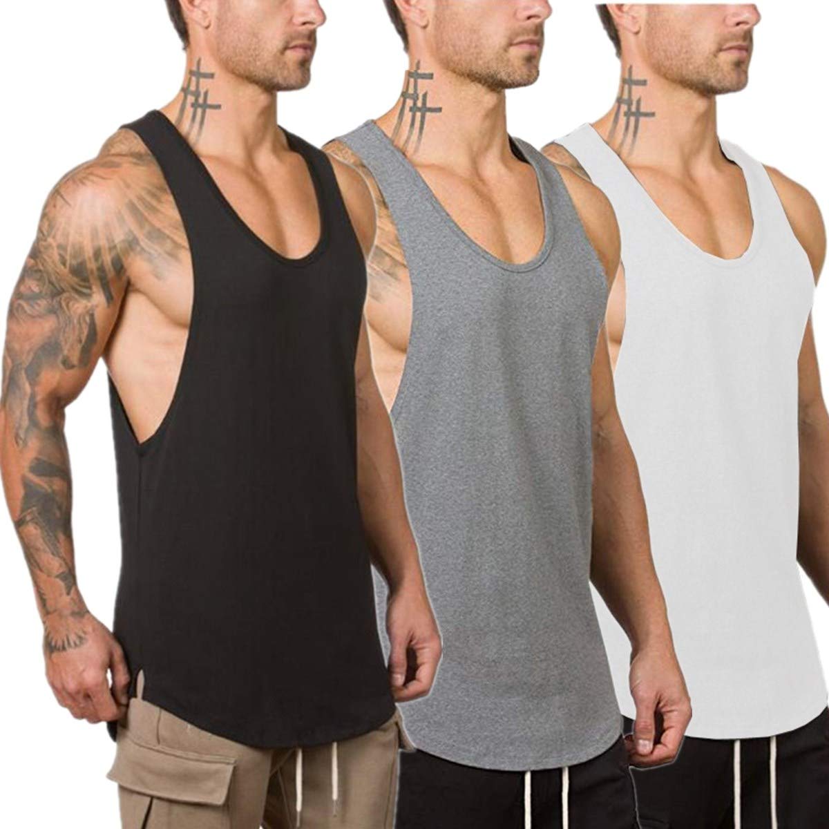 Muscle Killer 3-Pack Men's Muscle Gym Workout Stringer Tank Tops Bodybuilding Fitness T-Shirts (Small, Black+Gray+White)