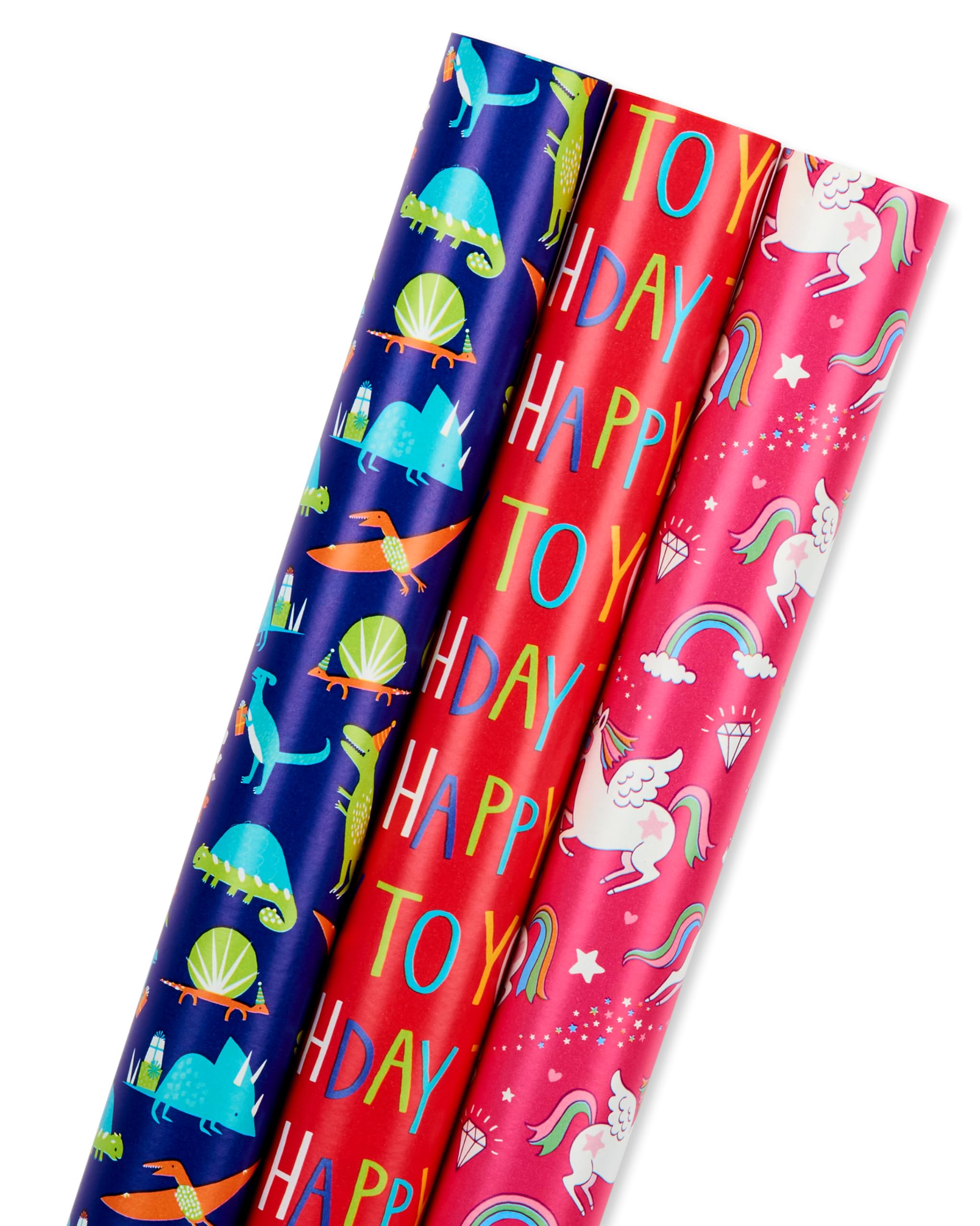 American Greetings Reversible Birthday Wrapping Paper for Kids, Dinosaurs and Unicorns (3 Rolls, 120 sq. ft)