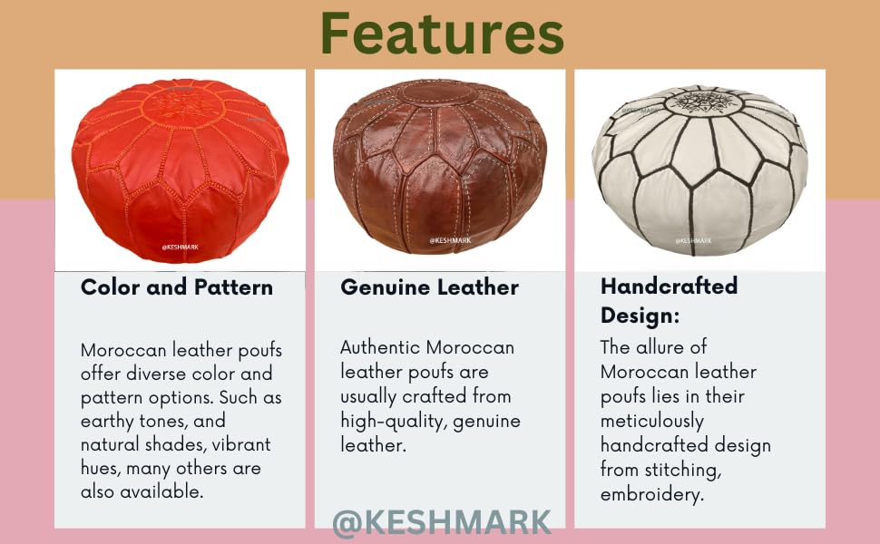 KESHMARK Luxury Handcrafted Moroccan Leather Pouf - Boho Chic Ottoman Seat & Footstool for Living Room Decor - Foot Rest - Round Ottoman (Light Tan with Brown Thread, Cover)